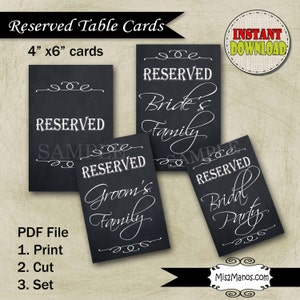 Reserved Chalkboard Table Cards , Instant Download DIY Wedding 4x6 ...