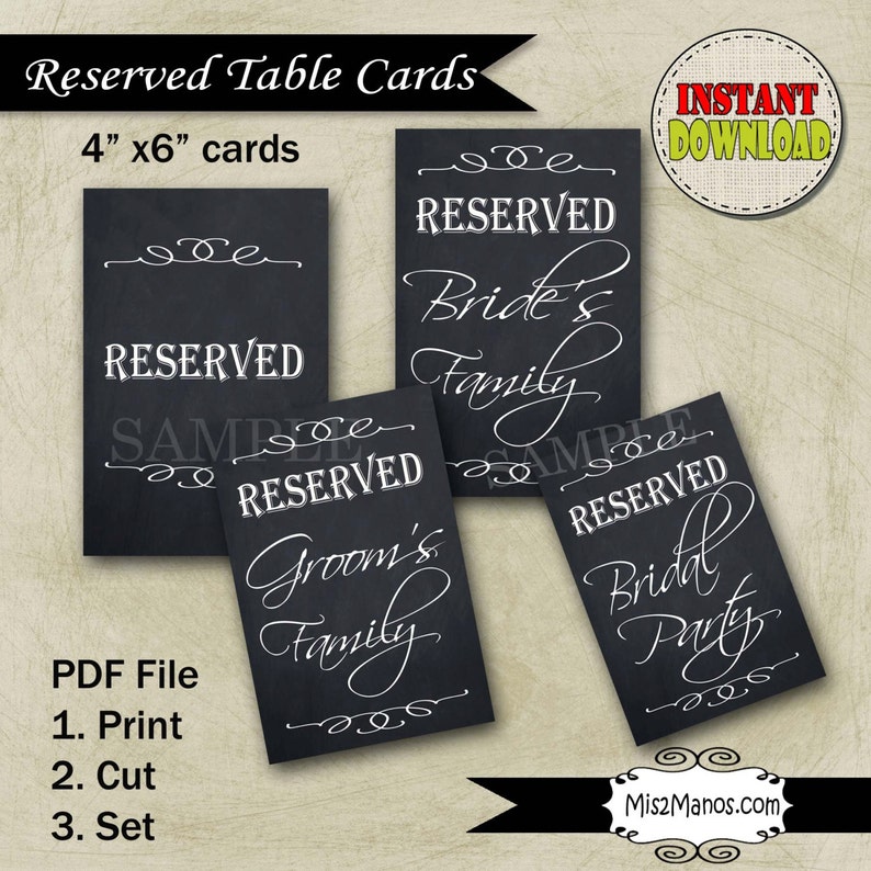 Reserved Chalkboard Table Cards Instant Download DIY Wedding | Etsy