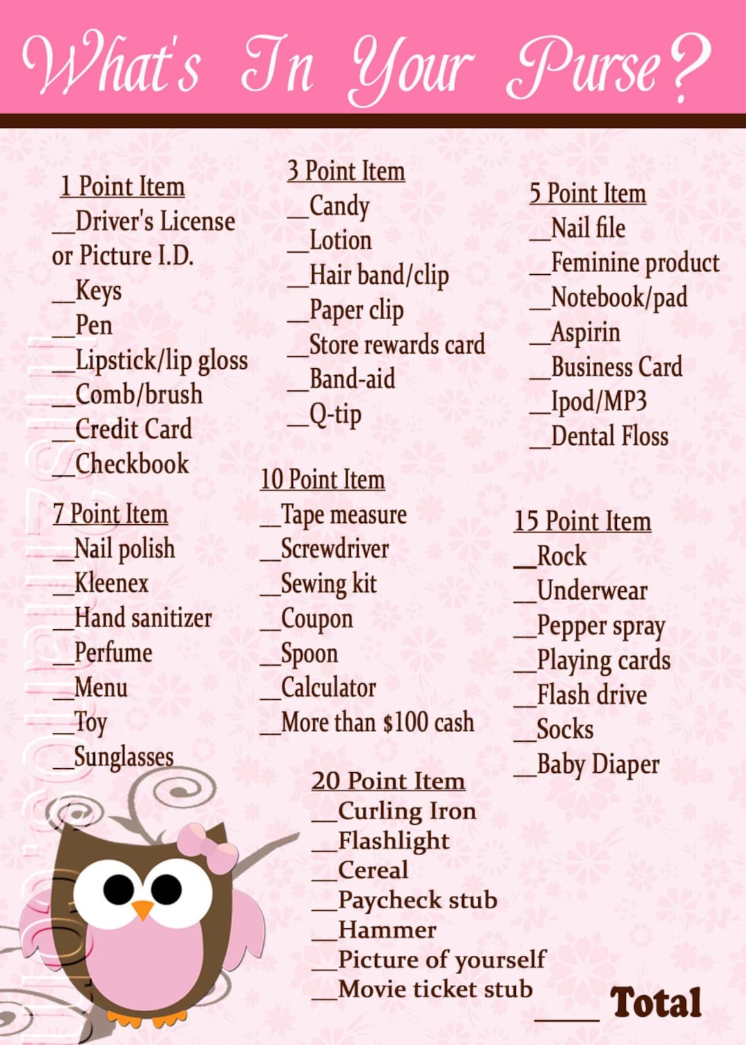 Baby Owl What's in Your Purse Baby Shower Game, Shower Game Digital ...