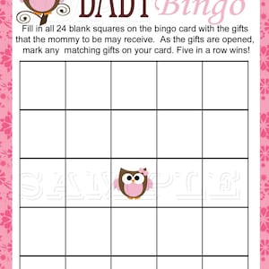 Baby Owl, BINGO Game, Printable, Pink Baby Shower, Instant Download - Etsy