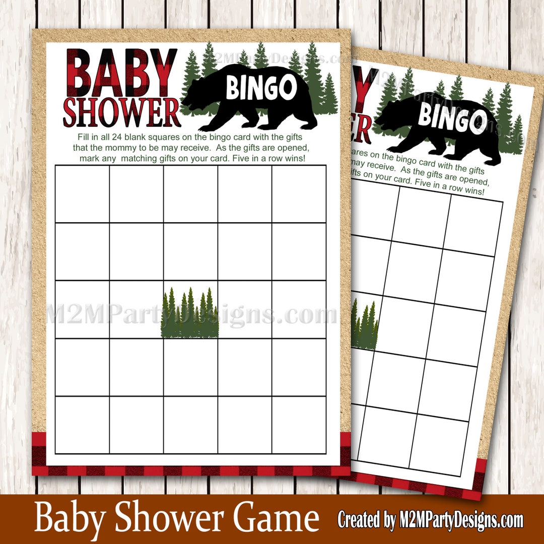 Bear Lumberjack Baby Shower Party BINGO GAME. Rustic Style. Plaid Baby ...