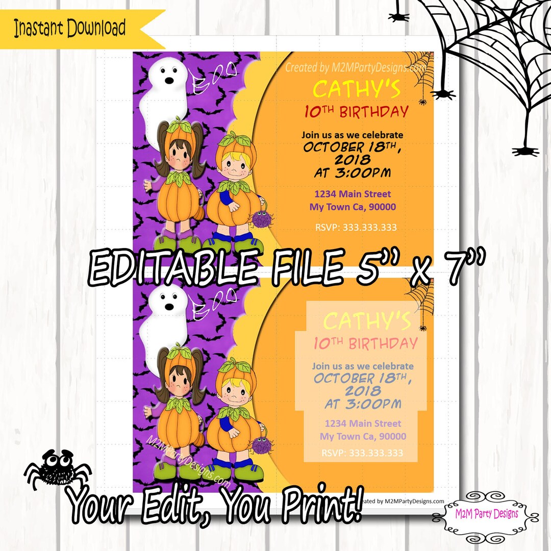 Halloween Birthday Invitations Self Edit. INSTANT DOWNLOAD. Halloween ...