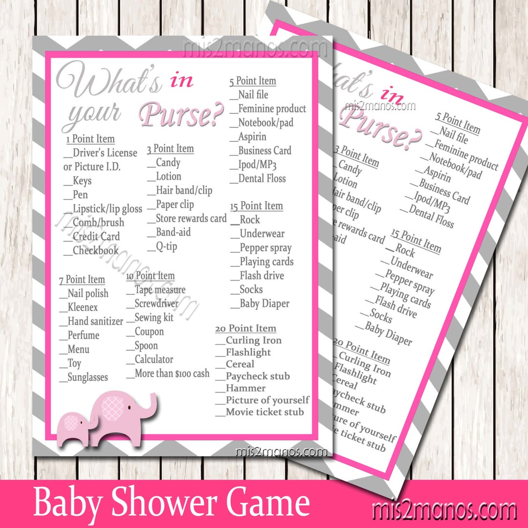 Baby Elephant What's in Your Purse Pink Baby Shower Game, Shower Game ...
