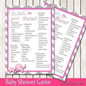 Baby Elephant What's in Your Purse Pink Baby Shower Game, Shower Game ...