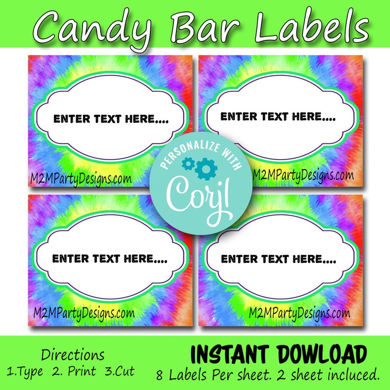 Candy Buffet Labels 70's Tye Dyed Theme Print EDITABLE - Etsy