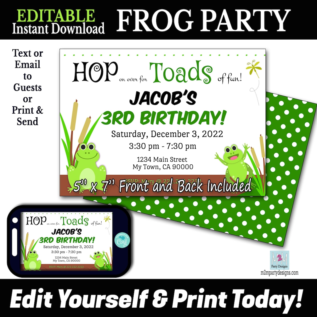 Editable Frog Birthday Party Invitation Frog Digital 5x7 Invite, Toad ...