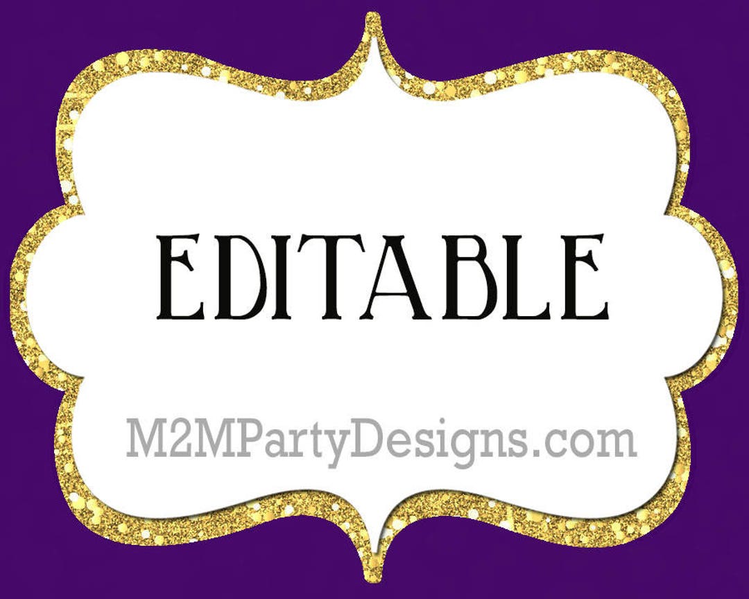 Candy Buffet Labels Purple, Gold Print EDITABLE Card, Candy, Popcorn ...
