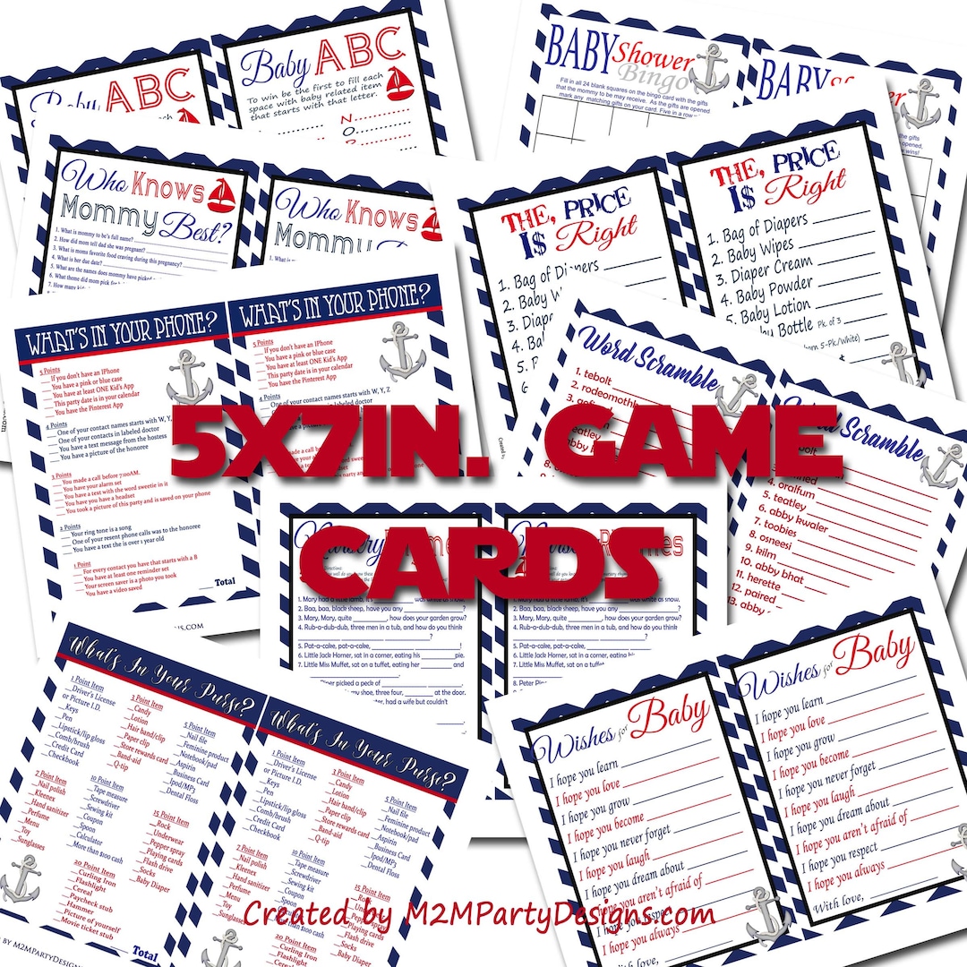 Nautical Chevron Baby Shower Game Cards Bundle Set of 9 Shower Games ...