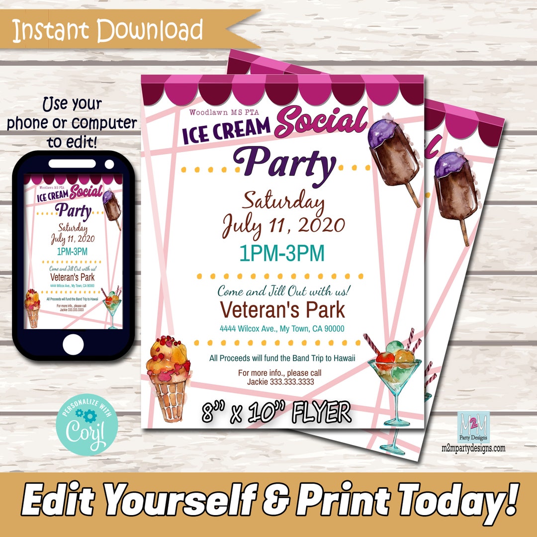 Ice Cream Social Flyer. Ice Cream Party Invitation. Flyer Invite ...