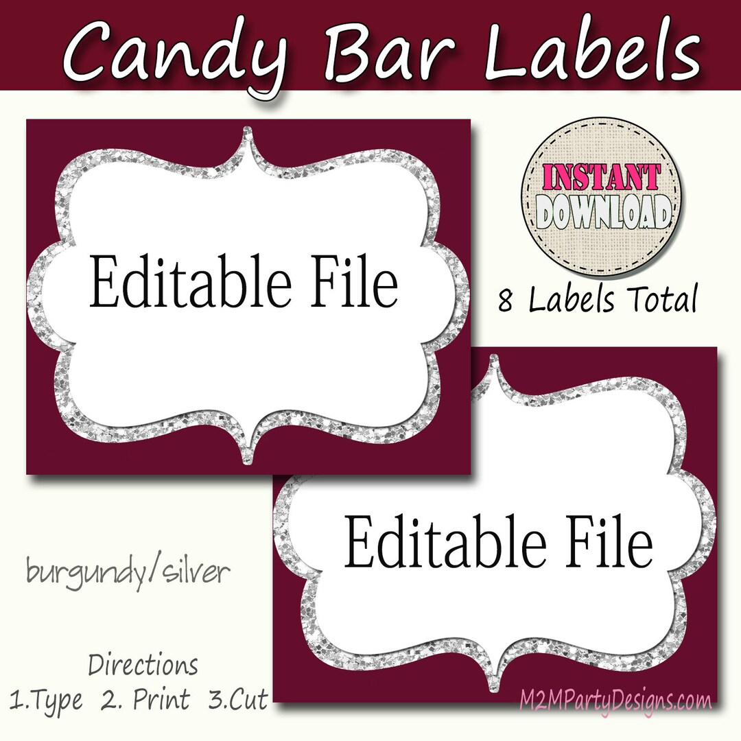 Candy Buffet Labels Burgundy and Silver Print EDITABLE Card, Candy ...
