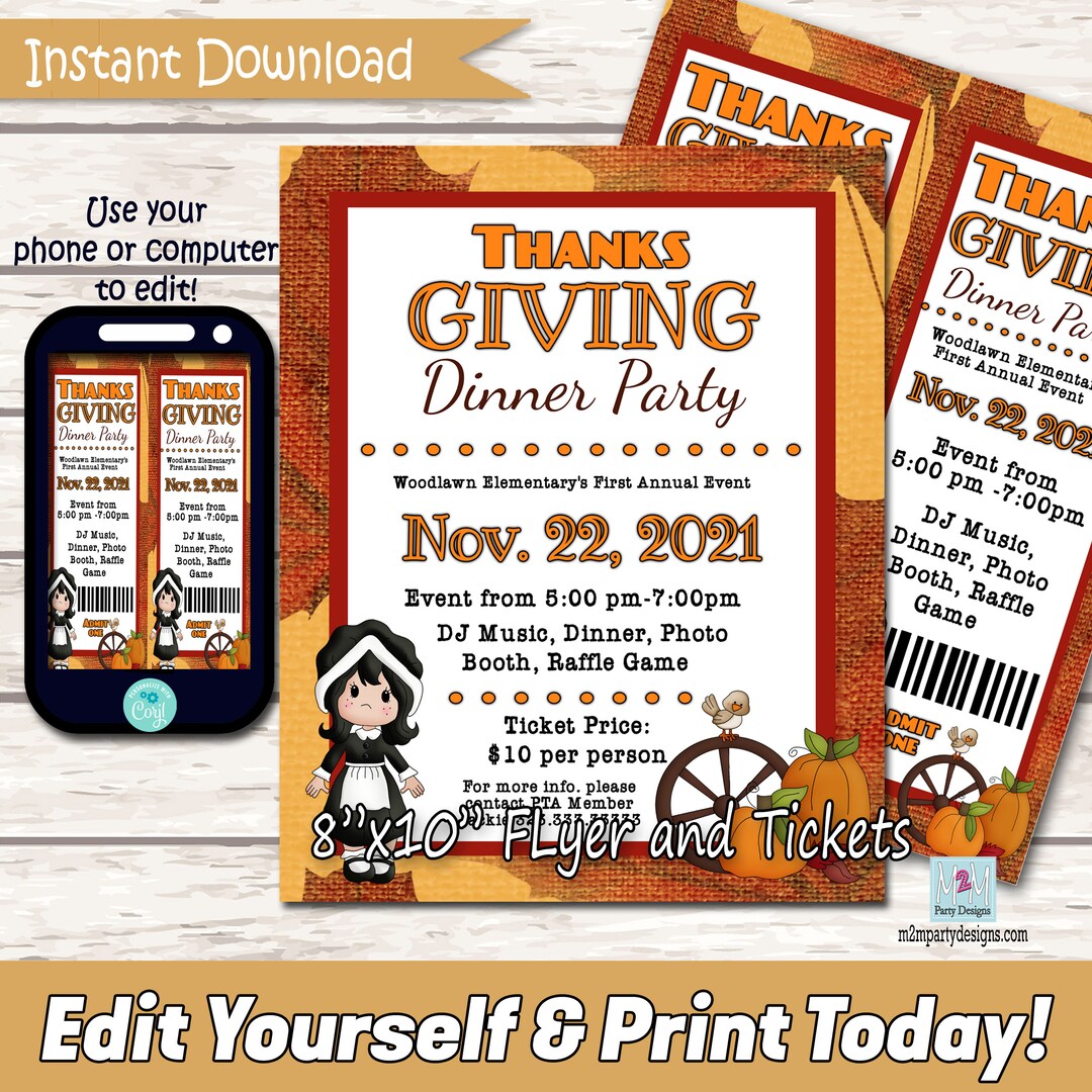 Thanksgiving Dinner Flyer and Tickets School Event, Pto, Pta INSTANT ...