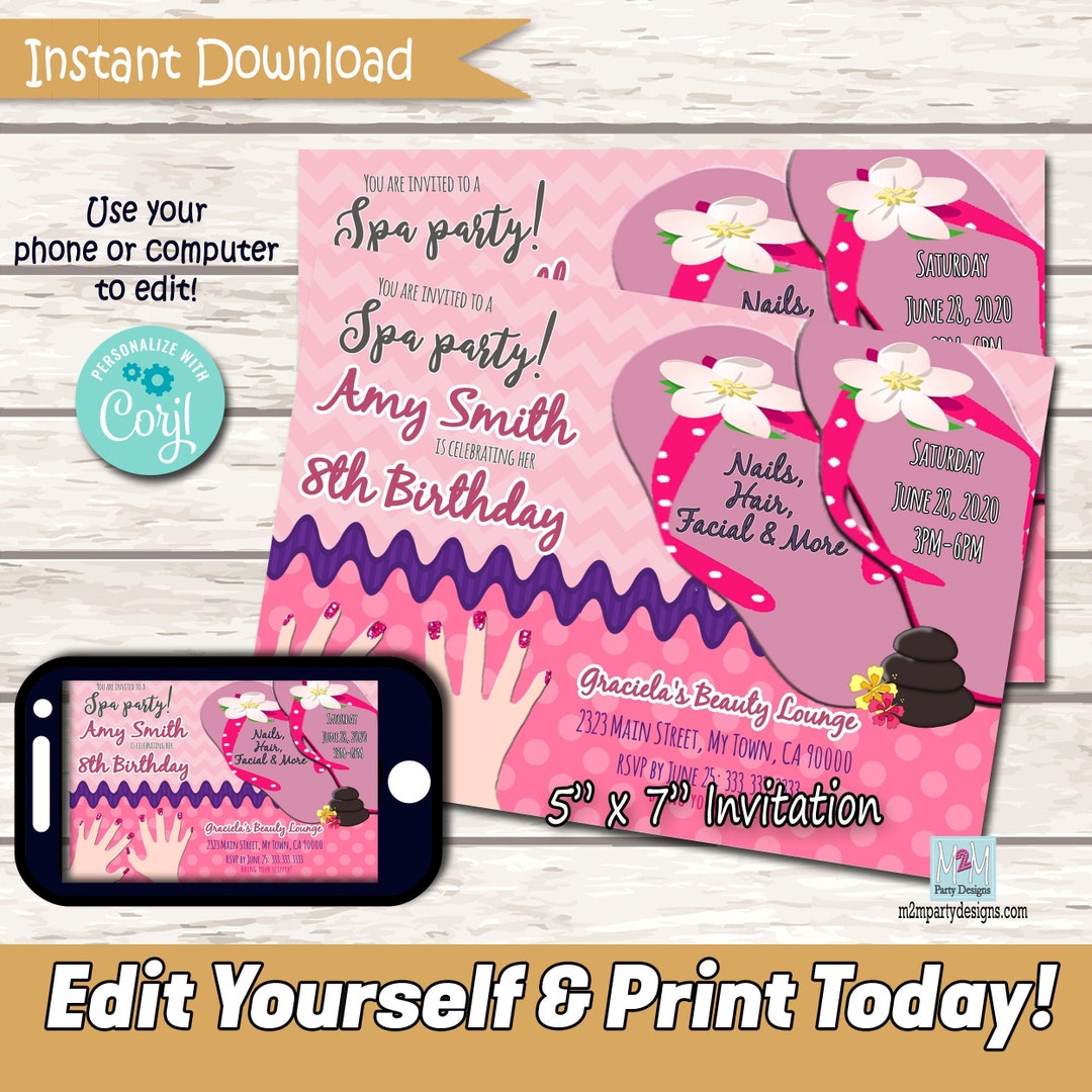 EDITABLE Spa Day Invitation Instant Download, Digital File, Hot Pink ...