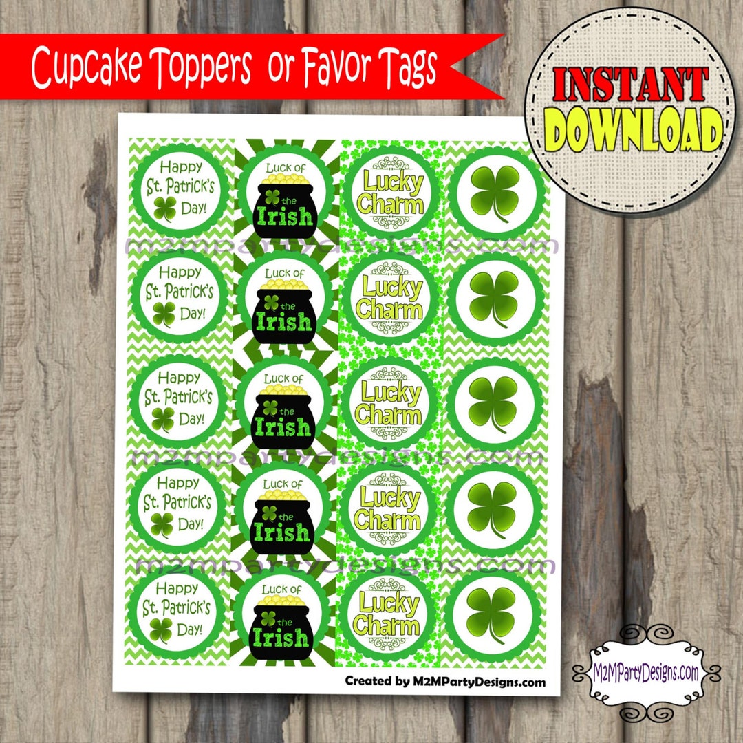 St Patricks Day Cupcake Toppers Favor Tags Sticker Printable Set of 20 ...