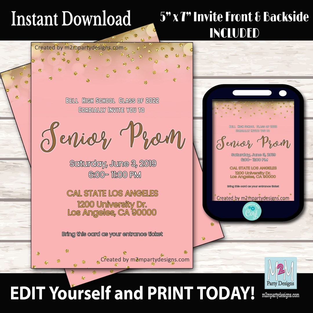 EDITABLE Prom Invitations, Starry Night, Pink and Gold Glitter, Under the Stars High, School ...