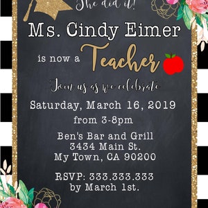 Teacher Graduation Invitation, School Teacher College Grad Glitter Gold ...
