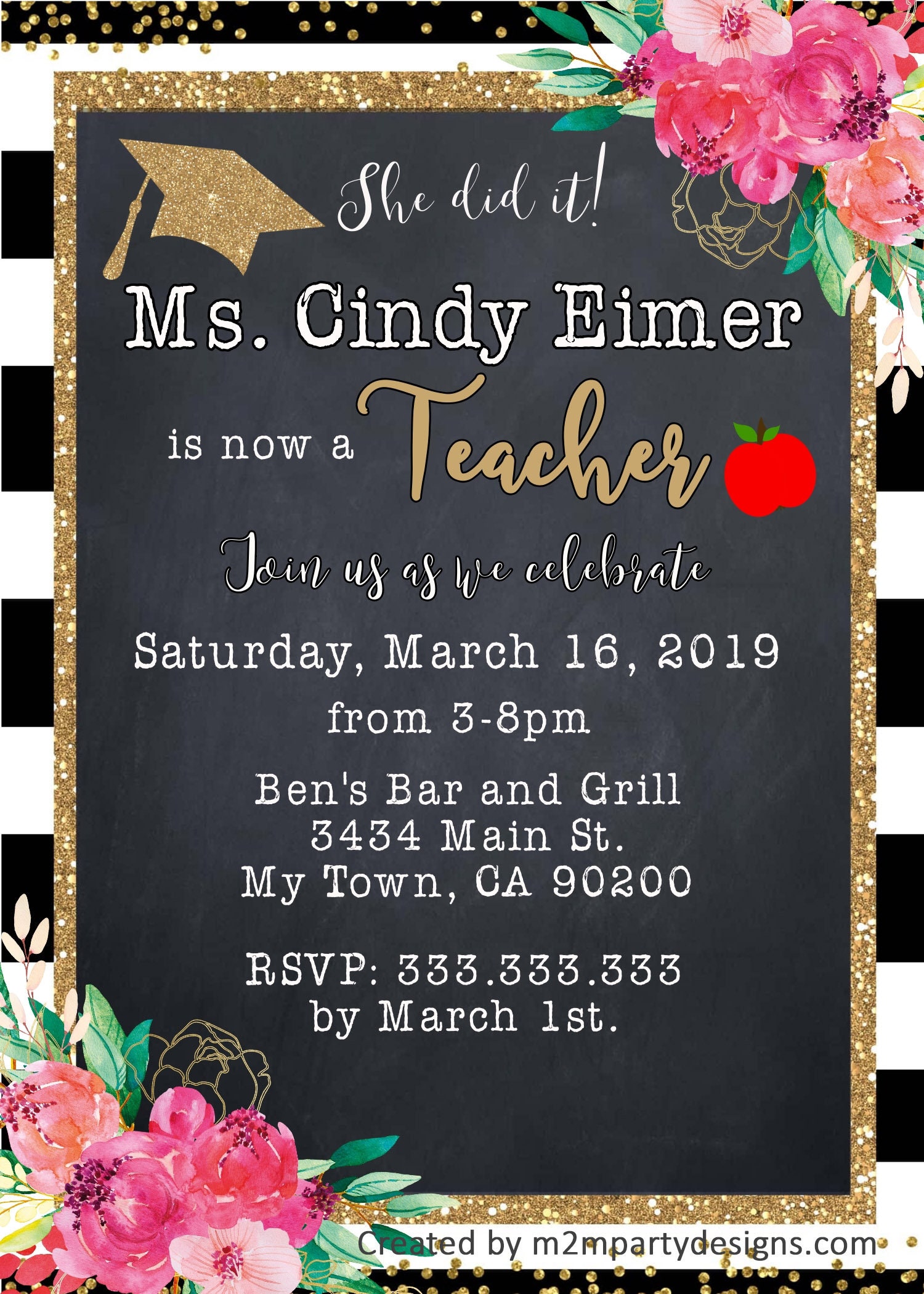 Teacher Graduation Invitation, School Teacher College Grad Glitter Gold ...