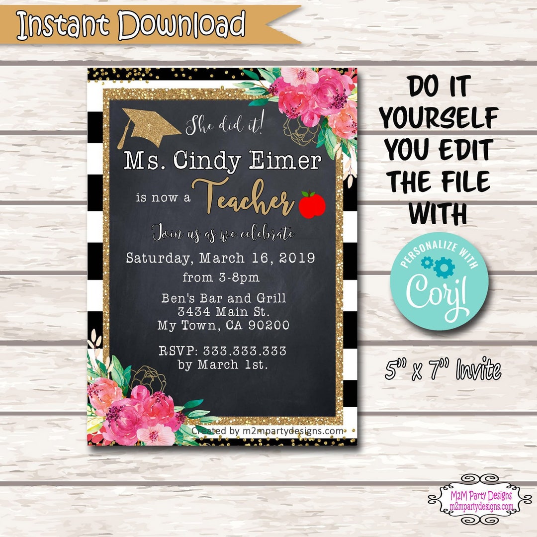 Teacher Graduation Invitation, School Teacher College Grad Glitter Gold ...