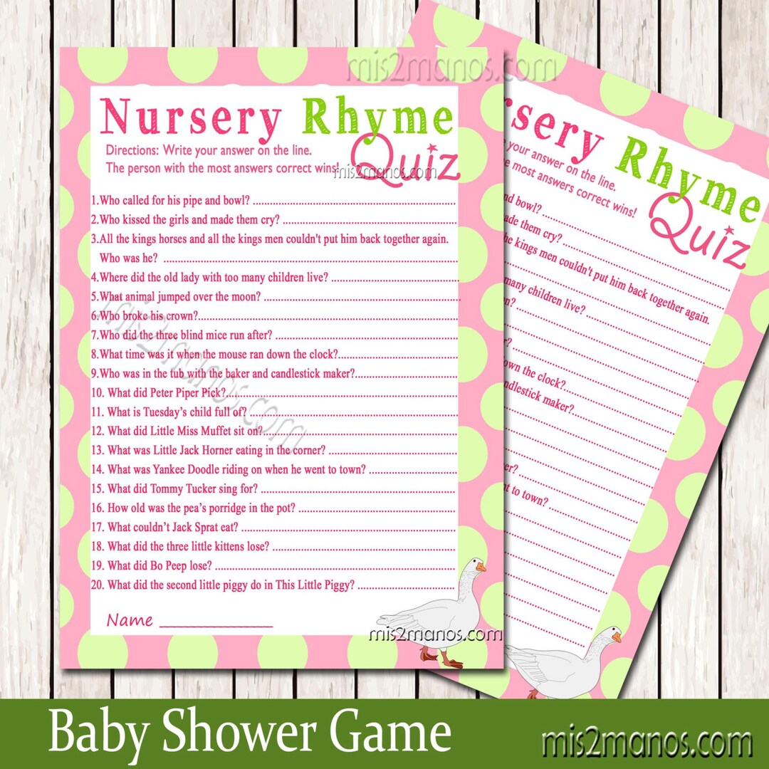 Nursery Rhyme Quiz Game, Baby Shower Printable Baby Pink Game Instant ...