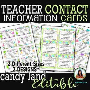 2 EDITABLE Teacher Contact Card Templates; Back to School Candy Land ...