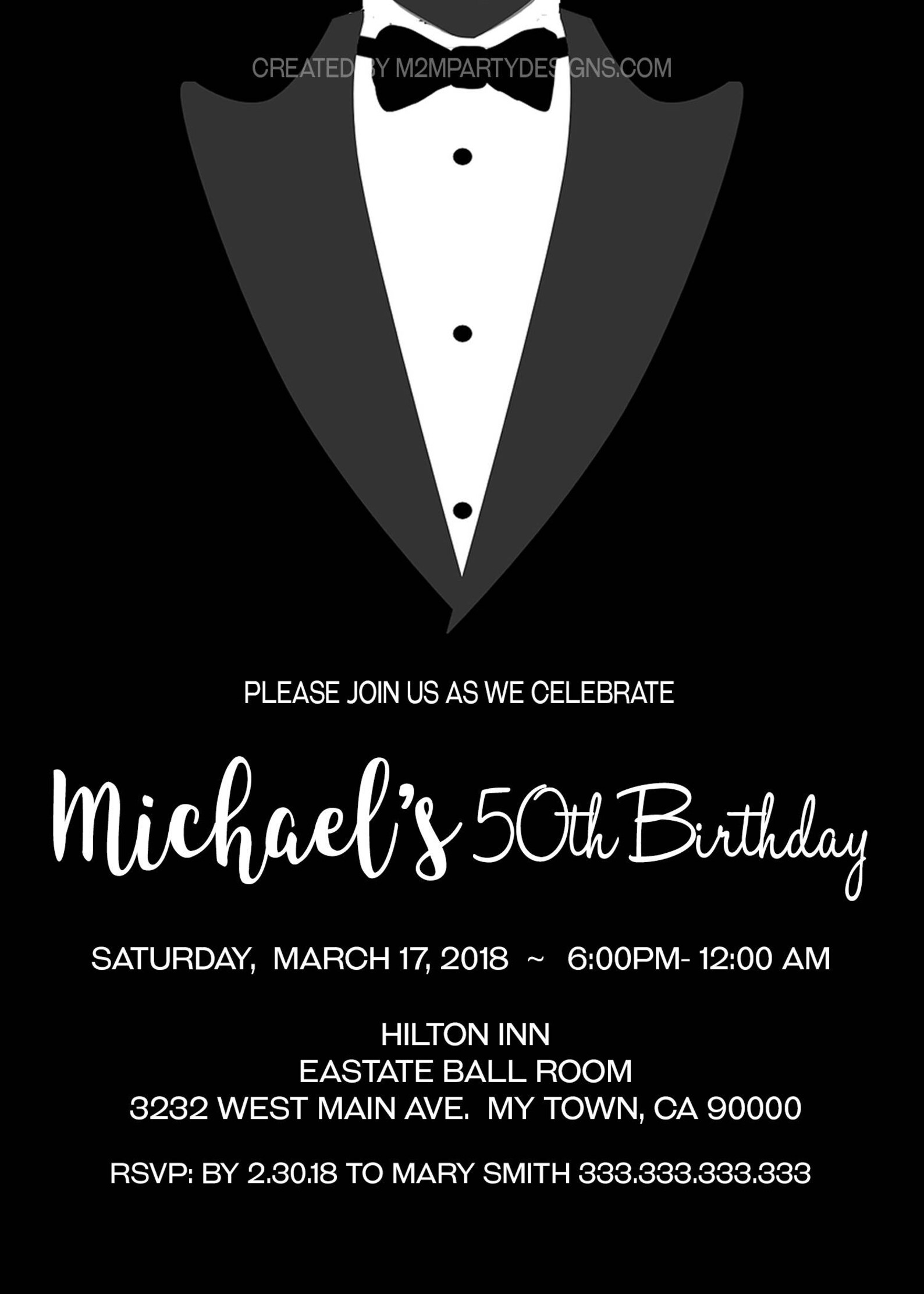 Black and White Birthday Invitation With Tuxedo. 5x7 Invite. - Etsy