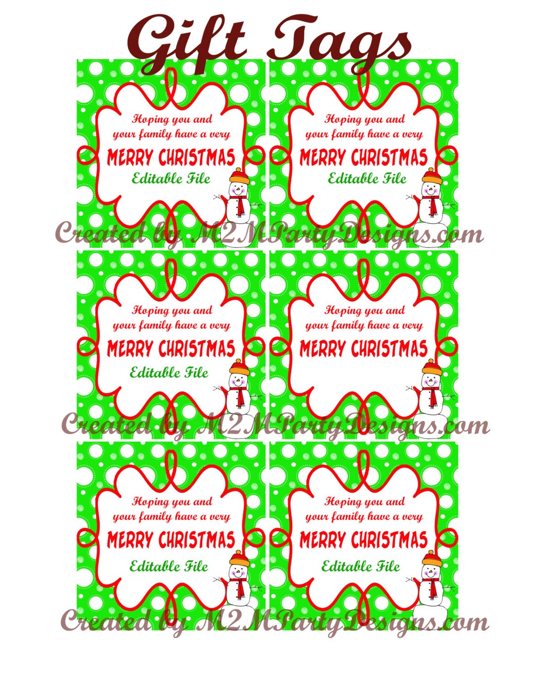 INSTANT DOWNLOAD Gift Tags Christmas Tags Set of 6 Rectangle 3 by 3 ...
