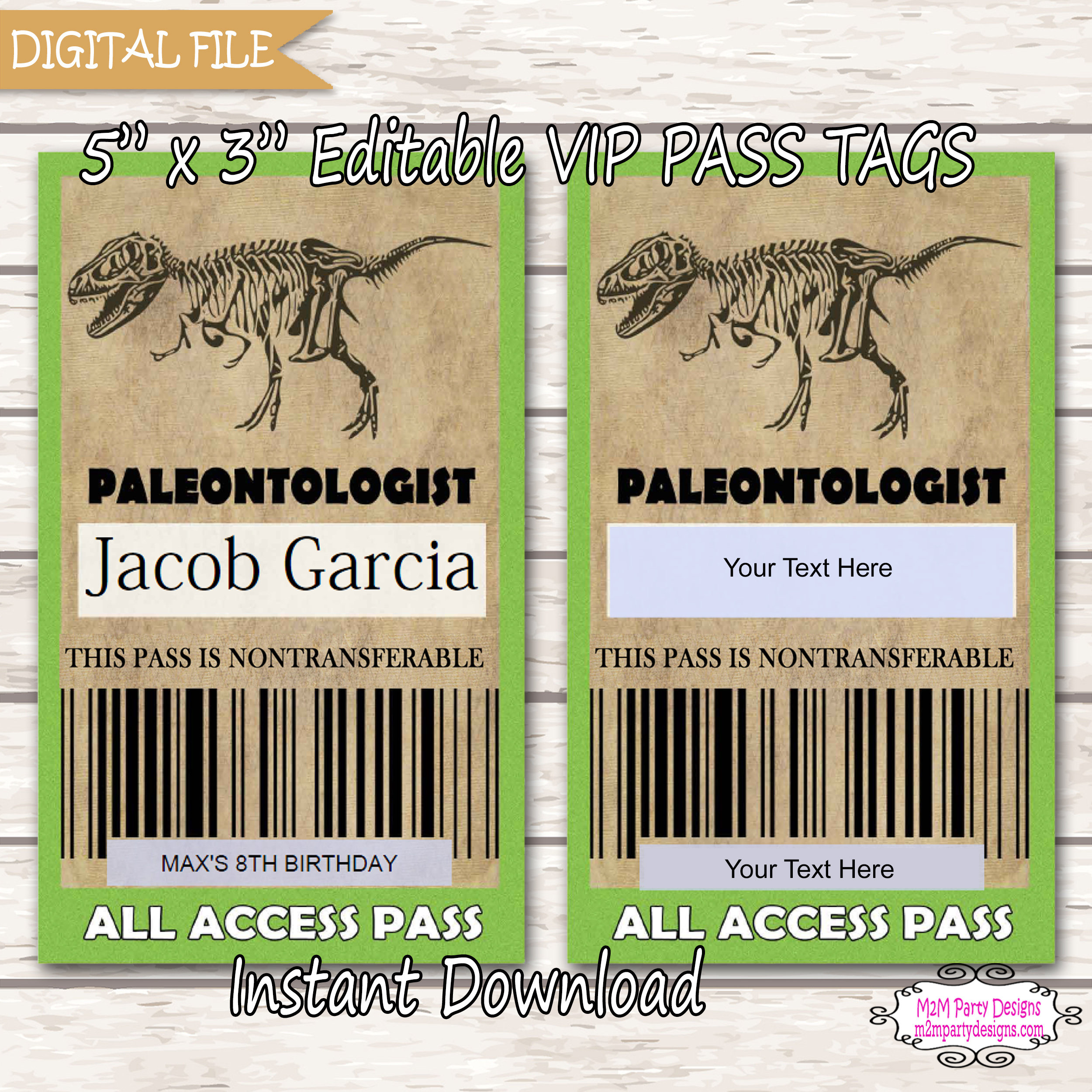 Dinosaur Party VIP Pass, Digital, Instant Download, SET of 4, EDITABLE ...