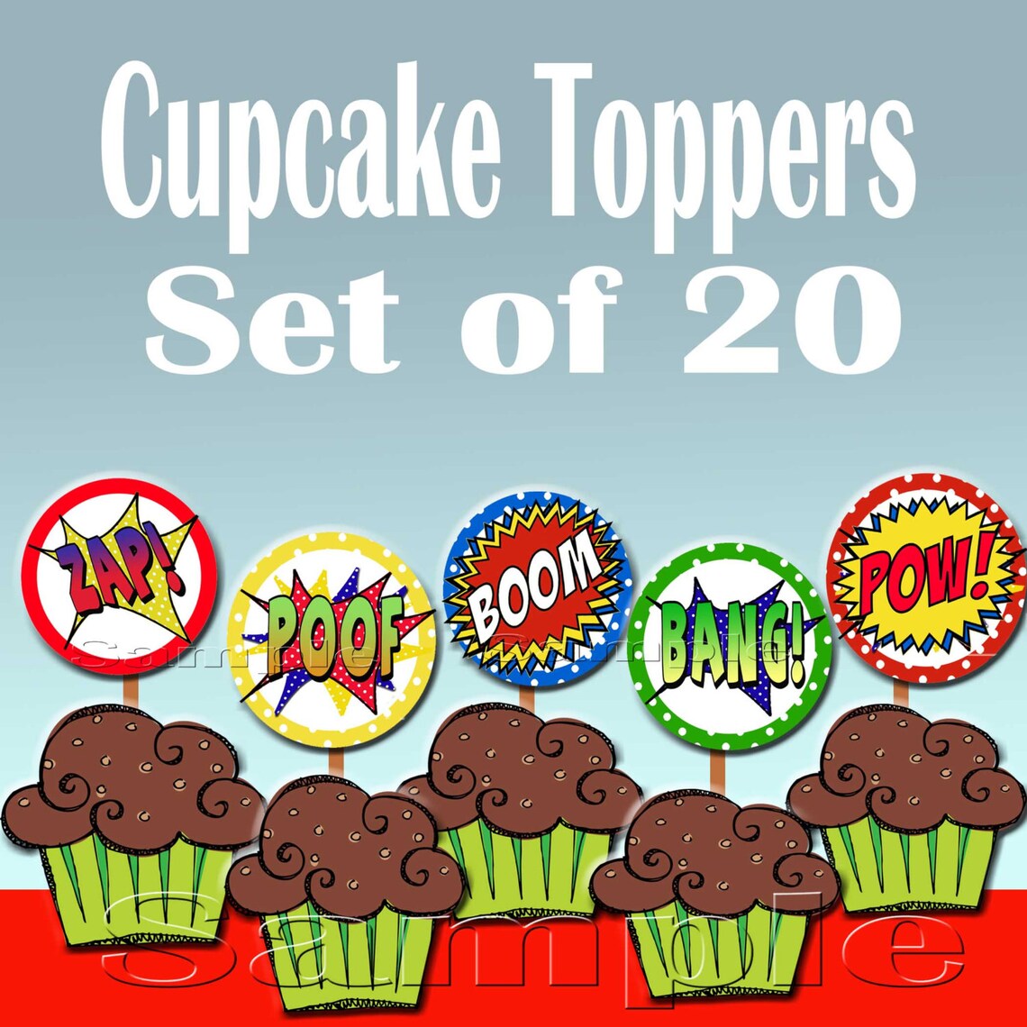 Super Hero Comic Book Cupcake Toppers Printable DIY Set of 20 | Etsy