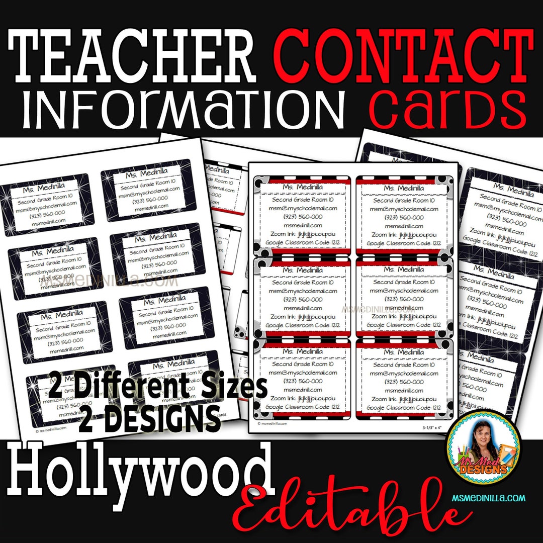 2 EDITABLE Teacher Contact Card Templates; Back to School Hollywood ...