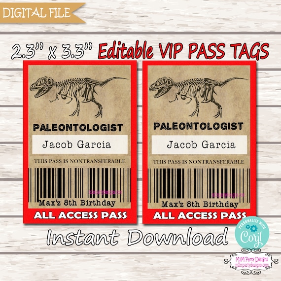 Dinosaur Party VIP Pass Digital Instant Download SET of 27 | Etsy