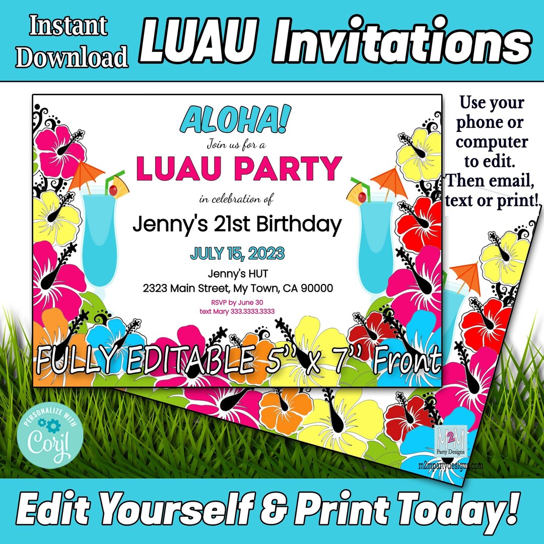 Editable Luau Hawaiian Party Invitation Printable Bridal Shower ...