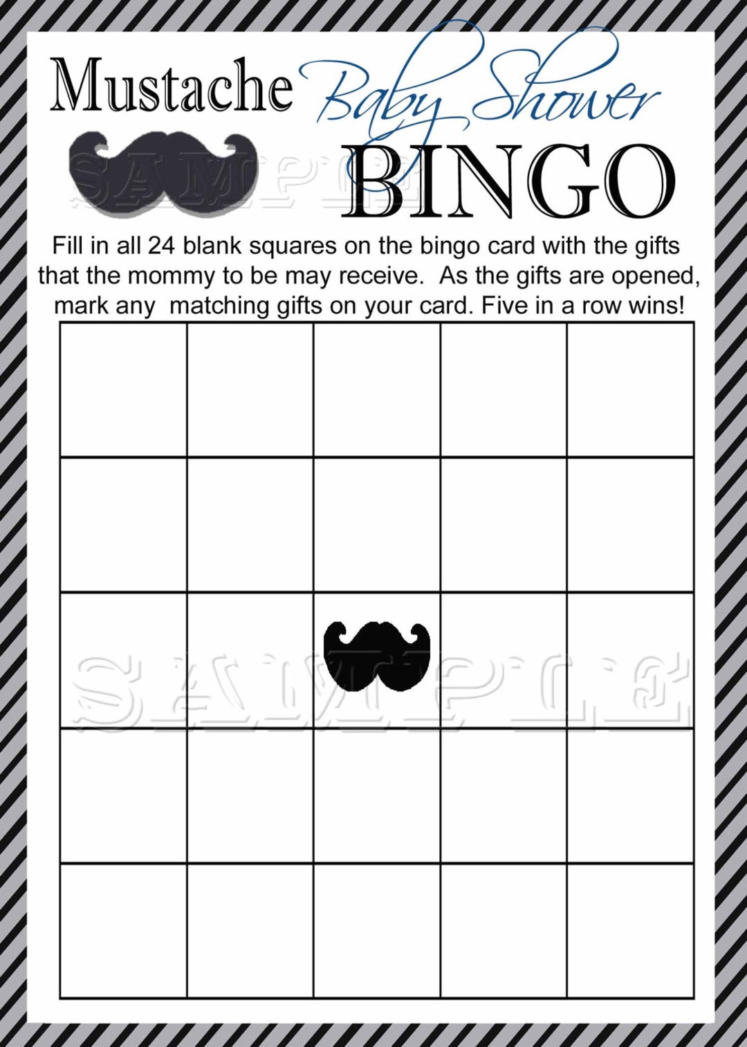 Mustache Baby Shower BINGO Game- Blue Black Gray Instant Download ...