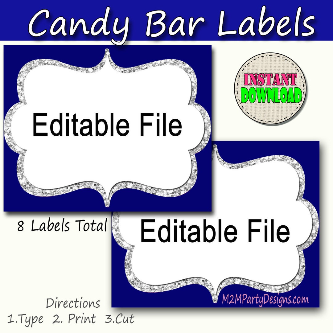 Candy Buffet Labels Navy Blue, Silver, Print EDITABLE Card, Candy ...