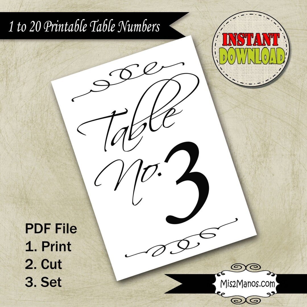 1 to 20 Printable Table Numbers Instant Download DIY Wedding - Etsy