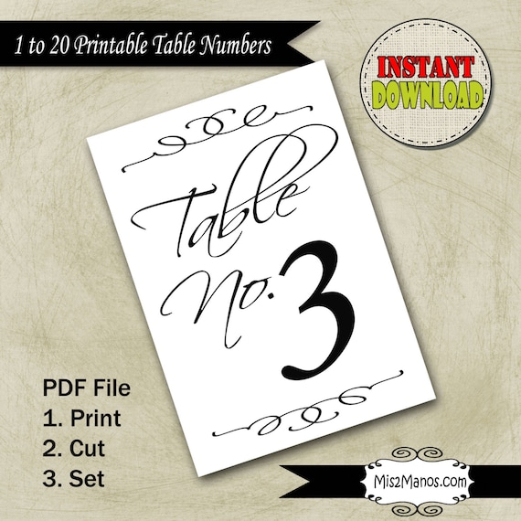 1 to 20 Printable Table Numbers Instant Download DIY Wedding | Etsy