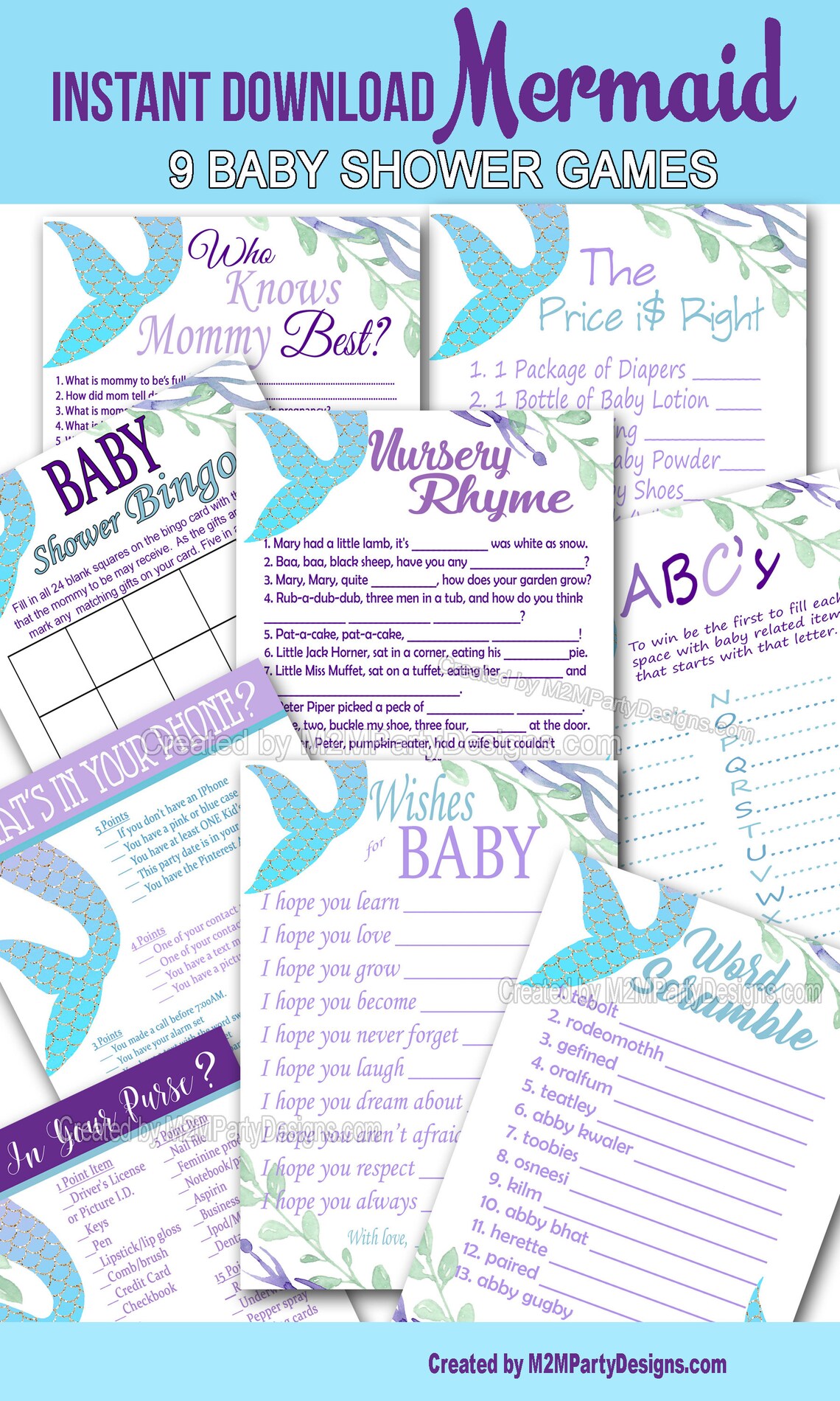 Mermaid Baby Shower Game Cards Bundle Set of 9 Shower Games | Etsy