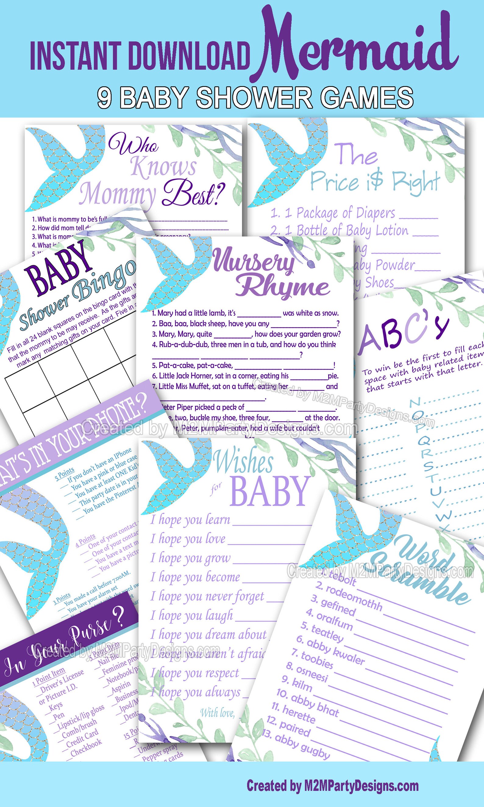 Mermaid Baby Shower Game Cards Bundle Set of 9 Shower Games | Etsy