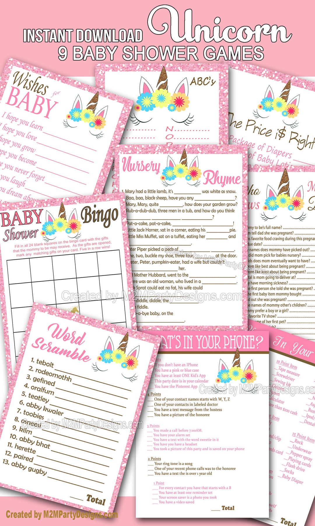 Unicorn Baby Shower Game Cards Bundle Set of 9 Shower Games, Printable ...