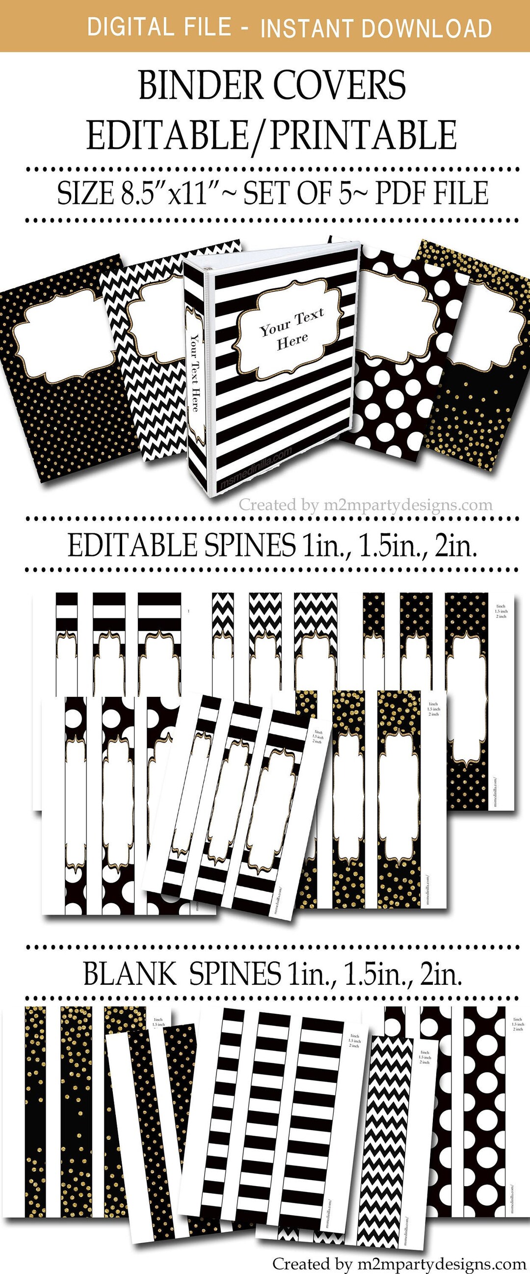Binder Cover Printable Editable Black,white, Gold Binder Covers Super ...