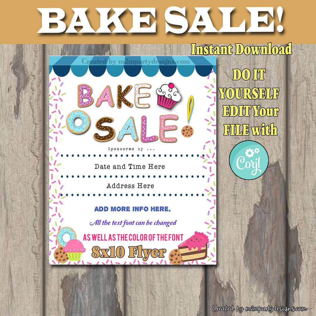 Bake Sale Flyer School Fundraiser Flyer. Bake Sale Invite, DIY Digital ...