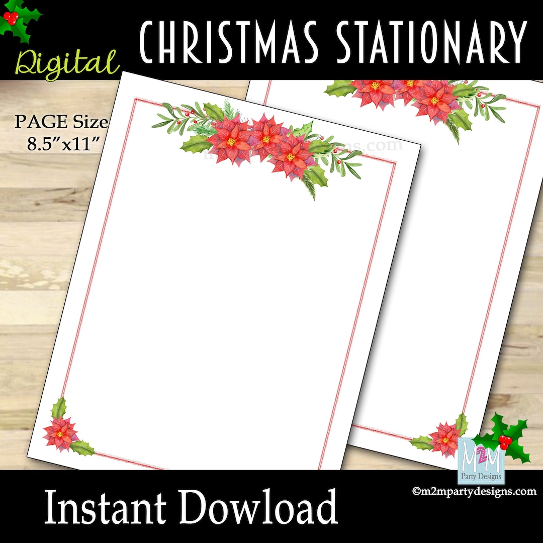 Printable Christmas Stationery: Poinsettia Letter Paper (digital ...