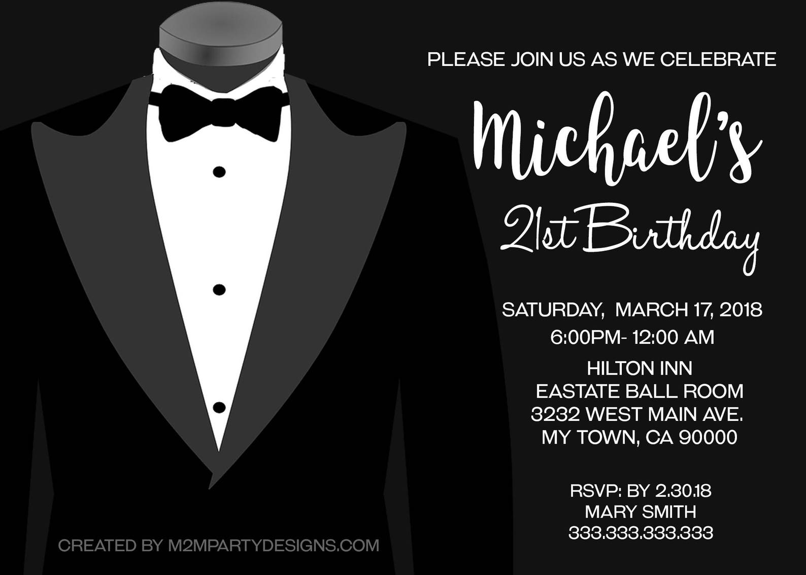 Black and White Birthday Invitation With Tuxedo. 5x7 Invite. - Etsy