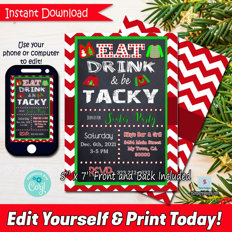 Tacky Sweater Party Invitation Chevron Red Chalkboard Ugly Sweater ...