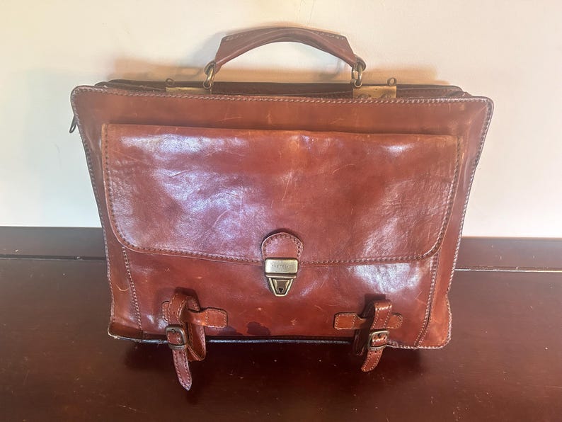 Men's Vintage Rustic Cognac Brown Italian Leather THE TREND Briefcase ...