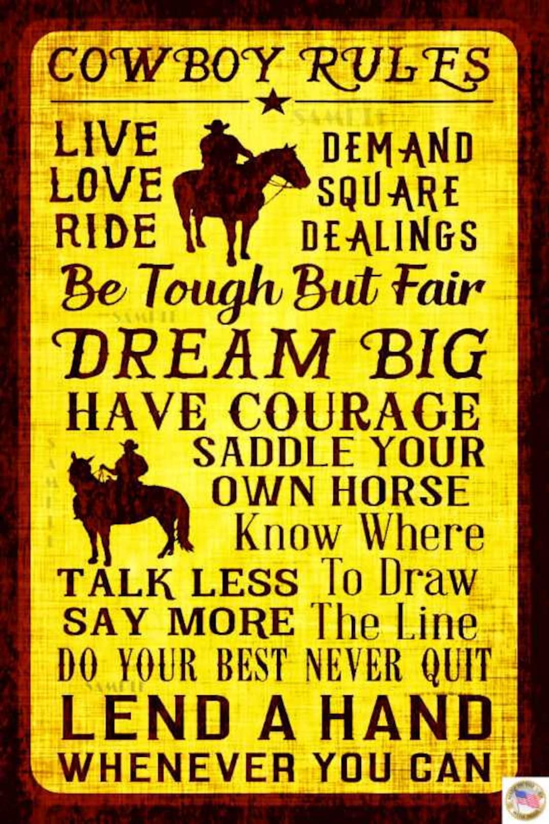 Cowboy Rules... Made in USA! Funny Metal Sign 8"x12" Distressed Humor ...
