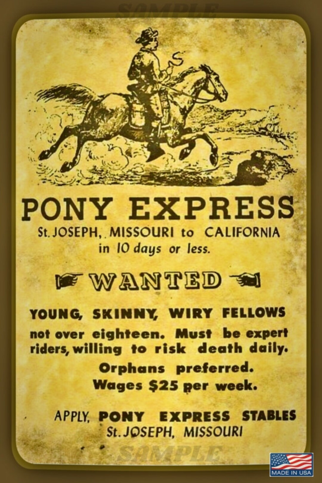 Pony Express! Distressed All Weather 8x12 Metal Sign! Made in USA! Log ...