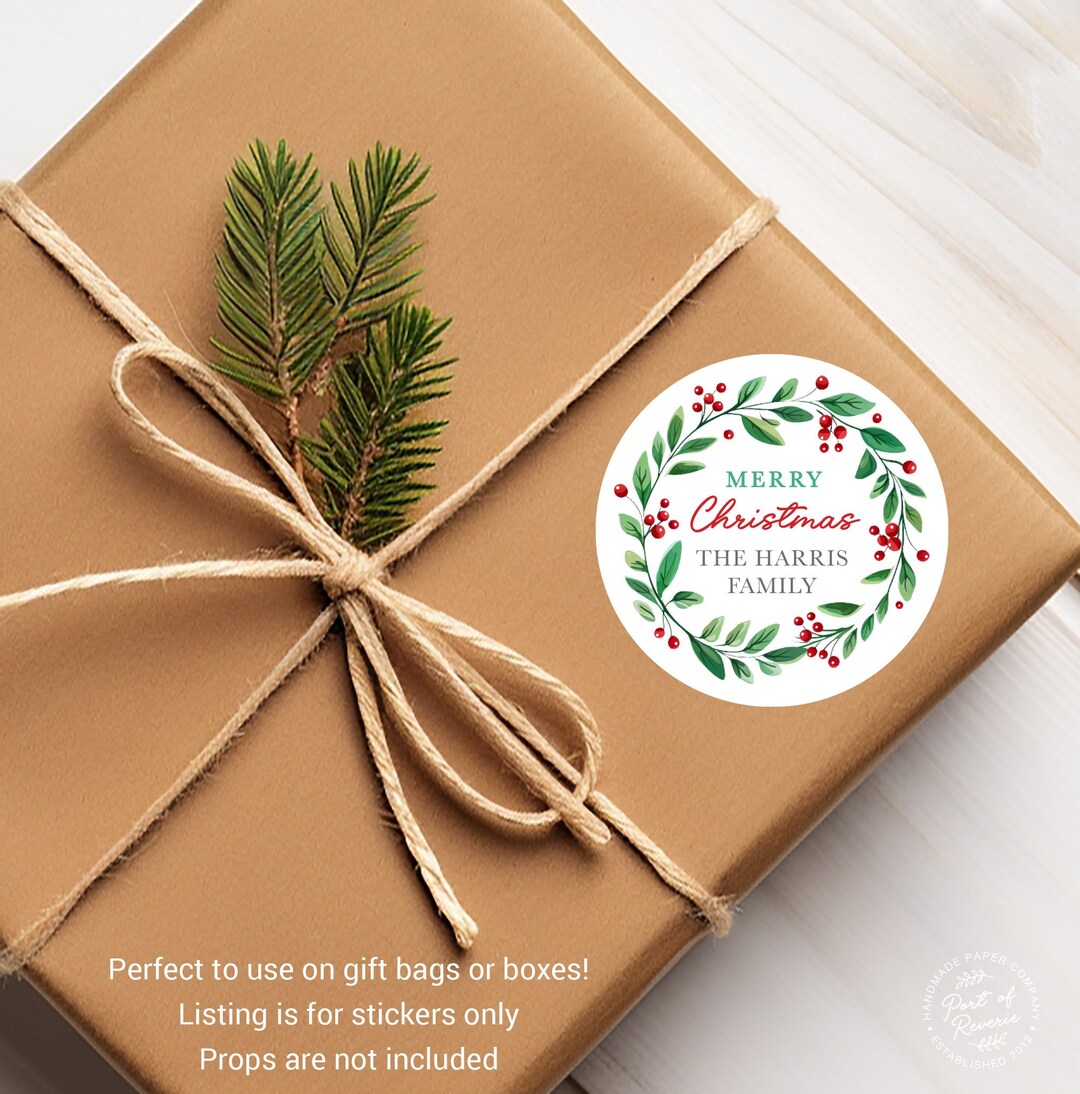 Personalized Christmas Wreath Gift Labels, Custom Merry Christmas ...