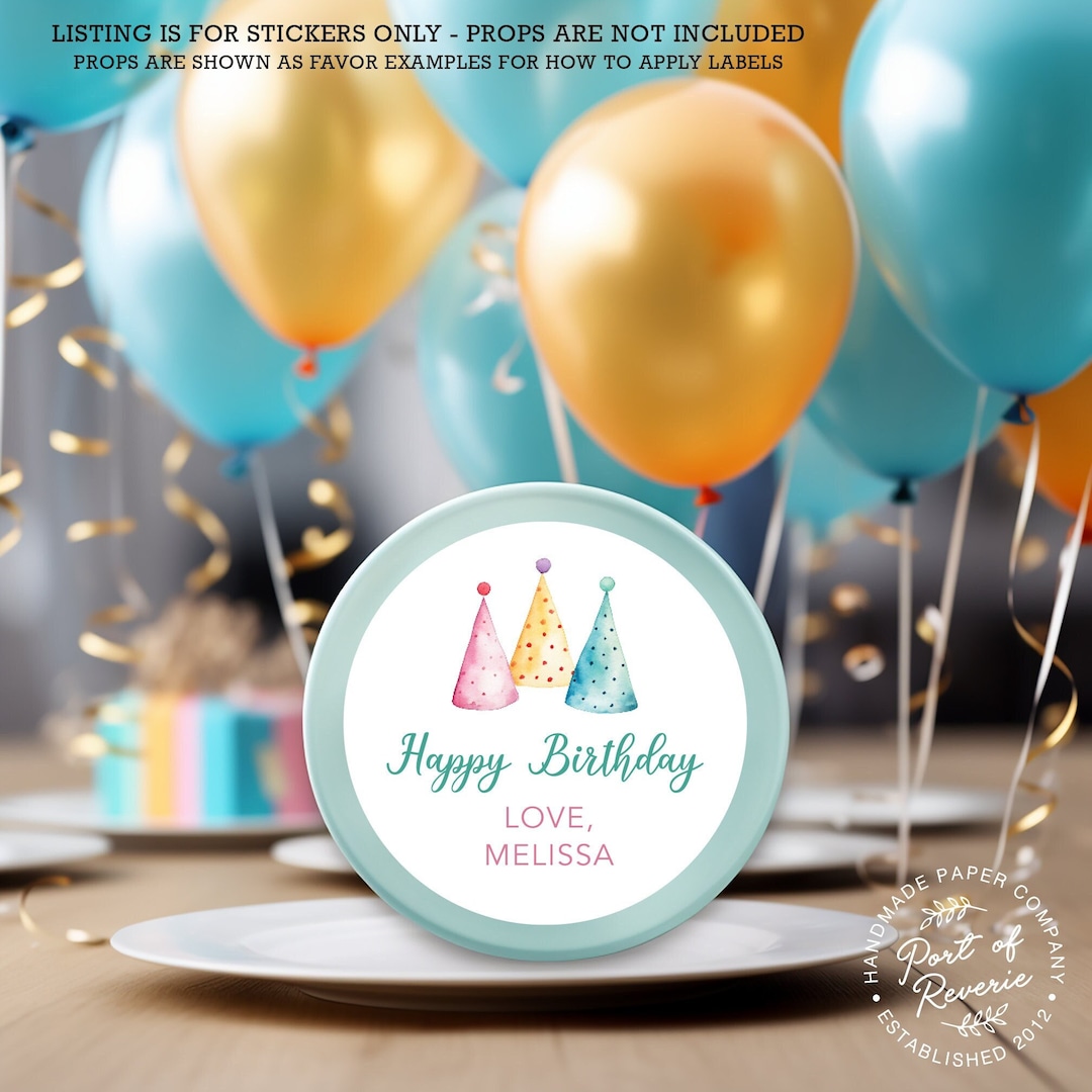 Custom Happy Birthday Stickers for Favors With Party Hats, Boys or ...