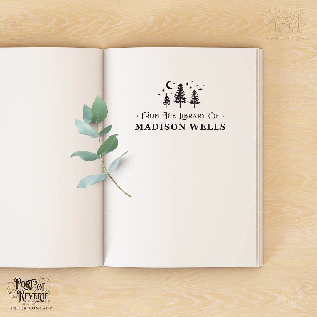 Personalized Book Stamp With Forest Trees, Custom Bookplate Stamp, Book ...