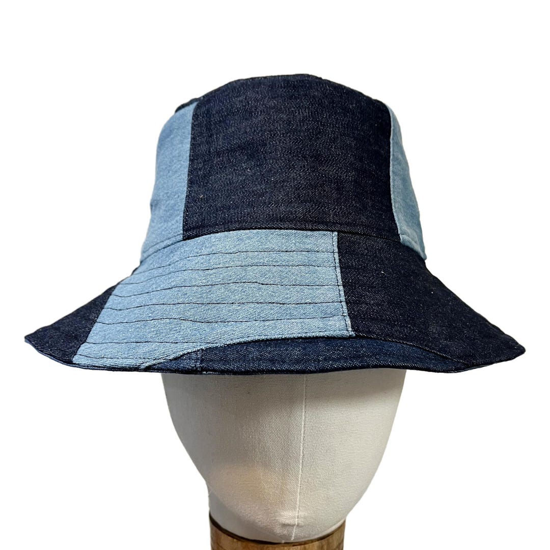 Patchwork Blue Denim Bucket Hat, Multi Blue Hat Women's Denim Hat ...
