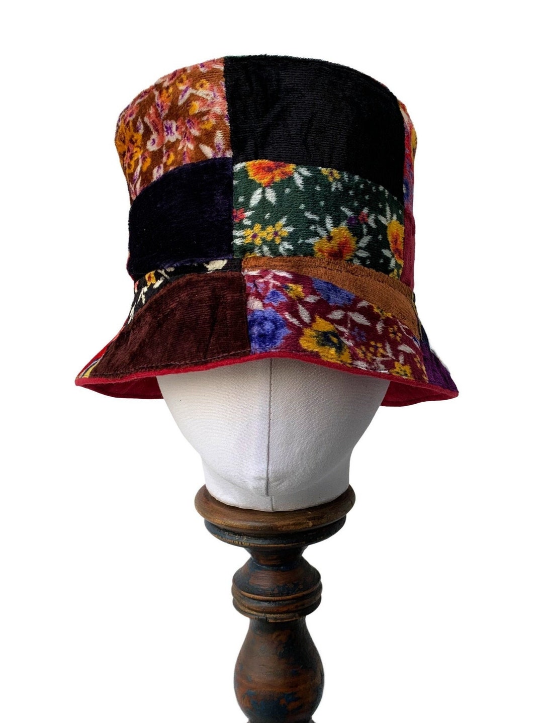 Retro Velvet Patchwork Bucket Hat, Fall Winter Floral Reversible Hat ...